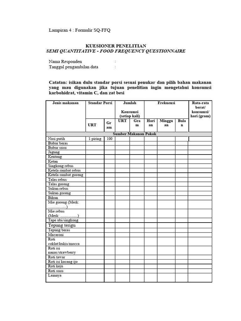 Formulir SQ-FFQ Kemenkes PDF | PDF