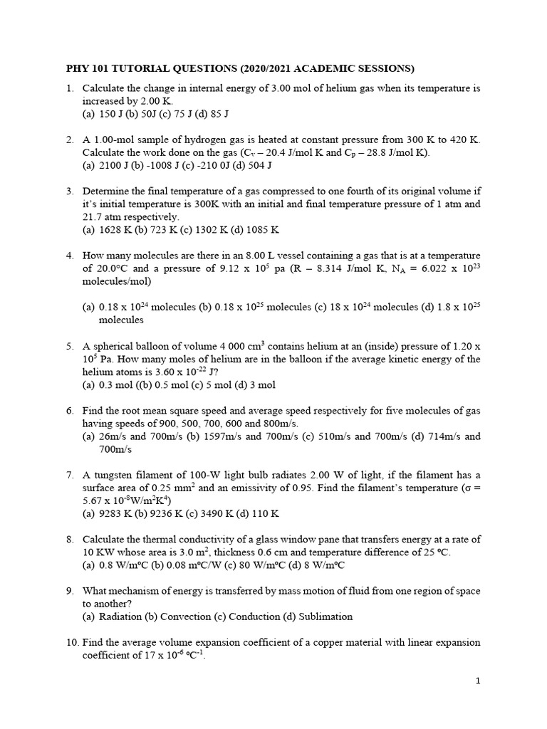 PHY 101 TUTORIAL QUESTIONS-2020-2021 Session | PDF | Waves | Frequency