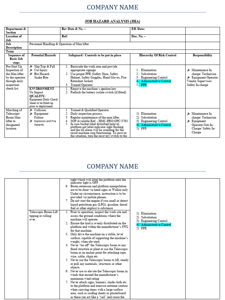 Job Hazard Analysis (Jha) : Equipment Daily Check Sheet To Be Filled Up ...