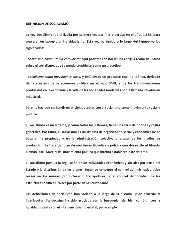 Definición y Evolución del Socialismo | PDF | Socialismo | Democracia ...