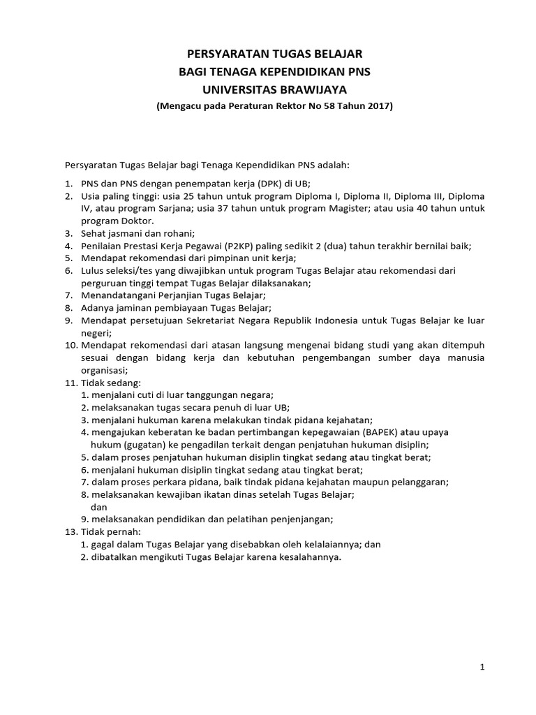 Persyaratan Tugas Belajar PNS UB | PDF