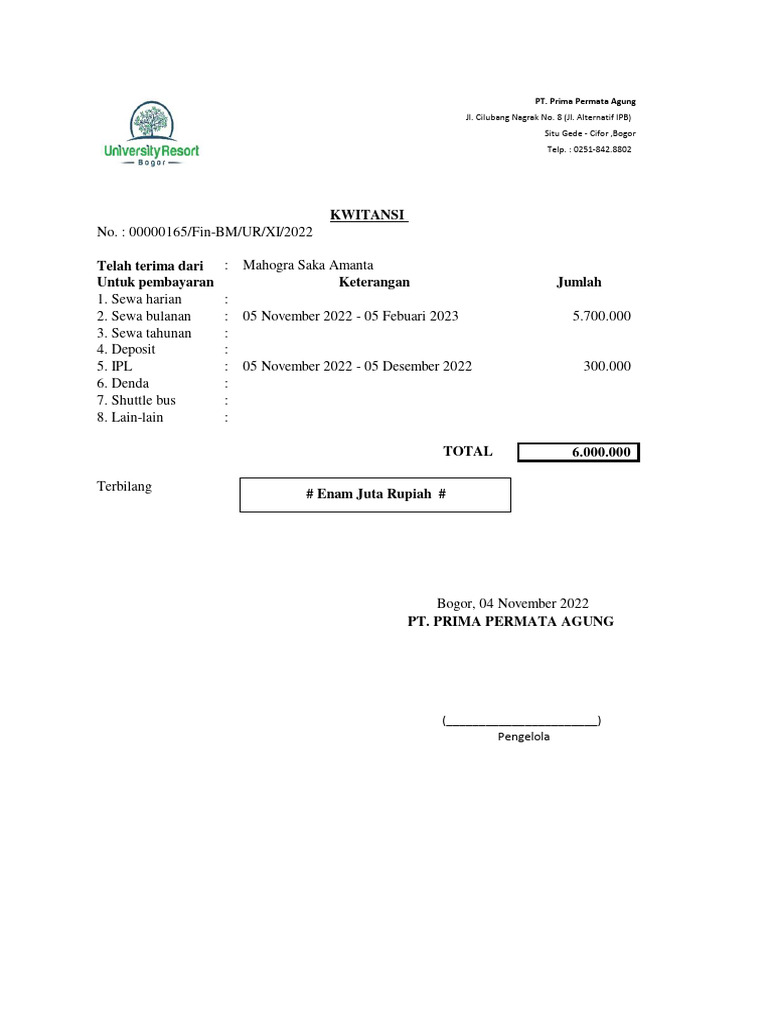 Kwitansi Perpanjangan Sewa 3 Bulan & Ipl Bulan November 2022 Unit F-2-s ...