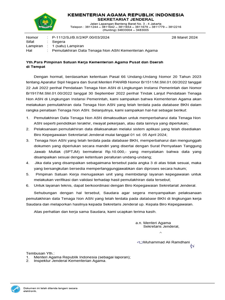 Surat Pemutakhiran Data Tenaga Non ASN Ke Satuan Kerja | PDF