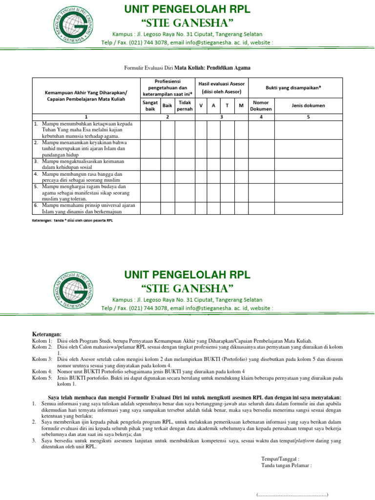 Formulir Evaluasi Diri RPL Stie Ganesha (1) - 4 | PDF | Karier ...