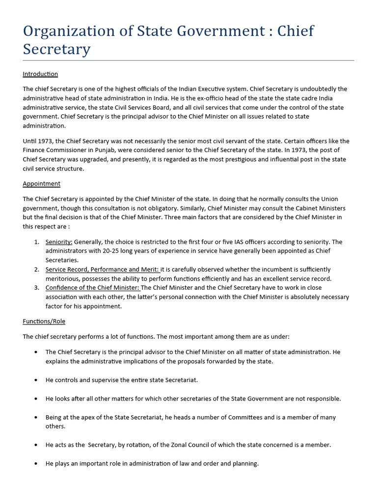 Role and Functions of Chief Secretary | PDF | Government Of India ...