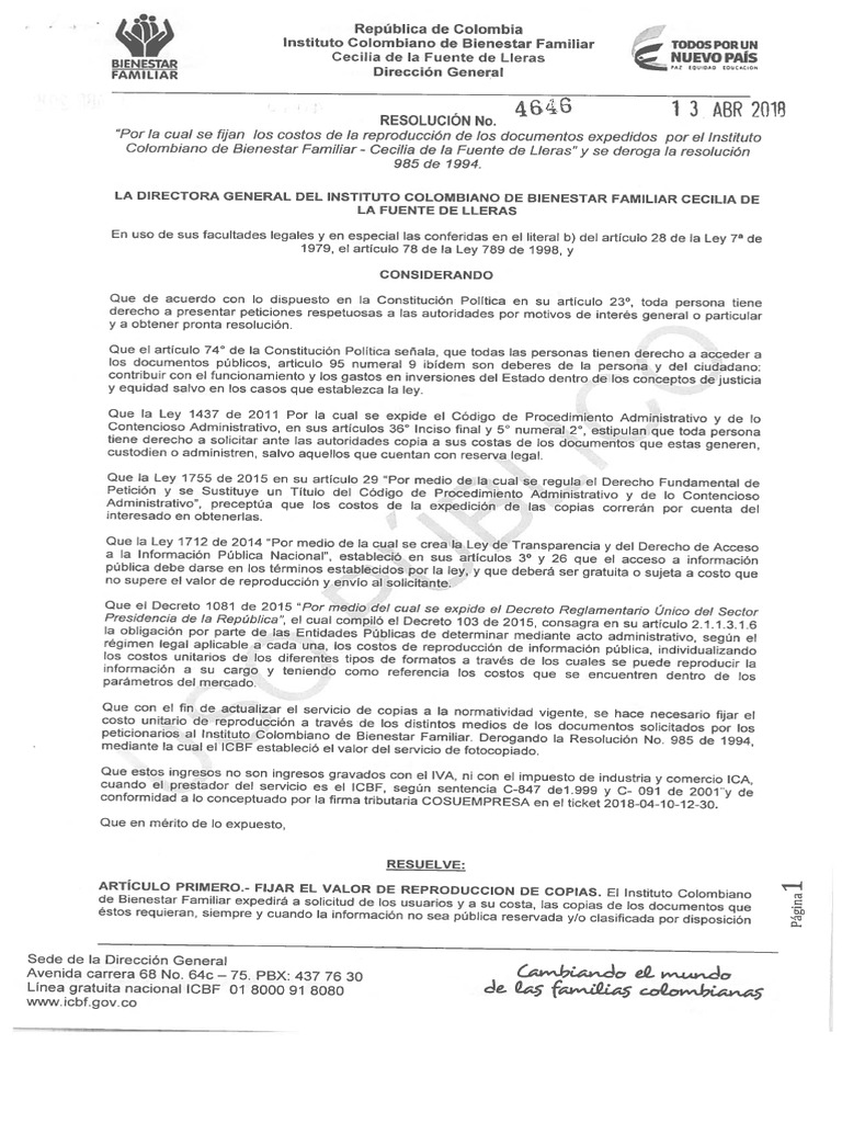 4646 - Fija Costos Reproduccion Documentos Expedidos Por El Icbf | PDF