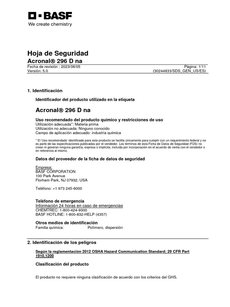FDS Acronal 296 Dsa | Descargar gratis PDF | Toxicidad | Agua