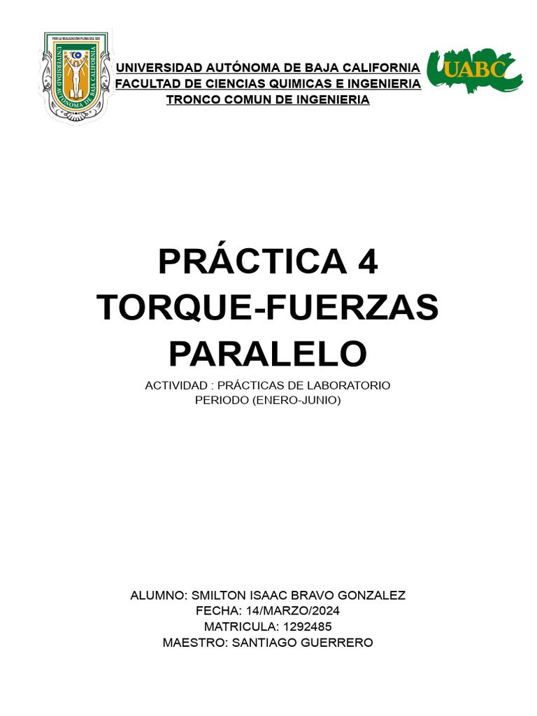 Practica No. 4 Torque-Fuerzas Paralelo | PDF | Masa | Fuerza