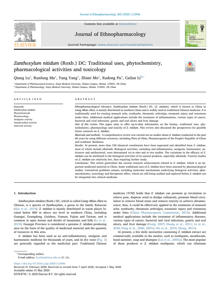 Zanthoxylum Nitidum: Uses and Benefits | PDF | Leaf | Pharmacology