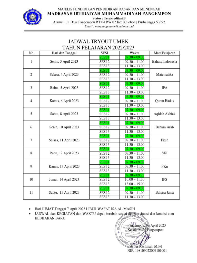 Jadwal Try Out Kelas 6 2023 | PDF