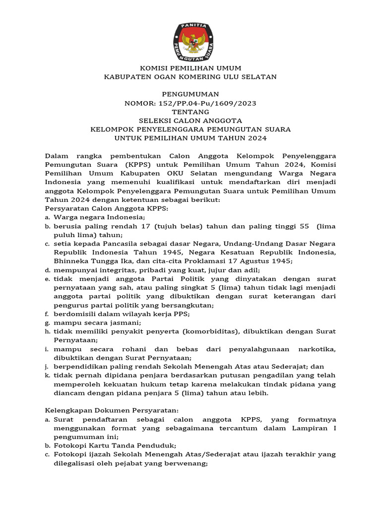Pengumuman Pendaftaran KPPS Okus | PDF | Hukum