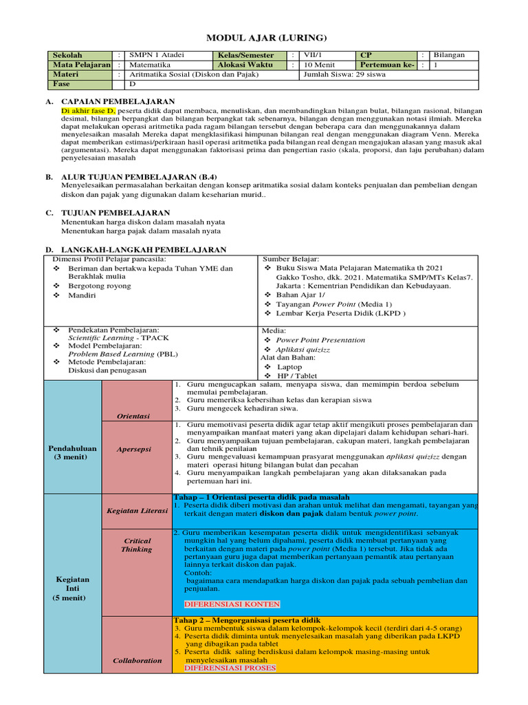 Modul Ajar (Luring) : Scientific Learning - TPACK Problem Based Learning (PBL) | PDF | Karier ...