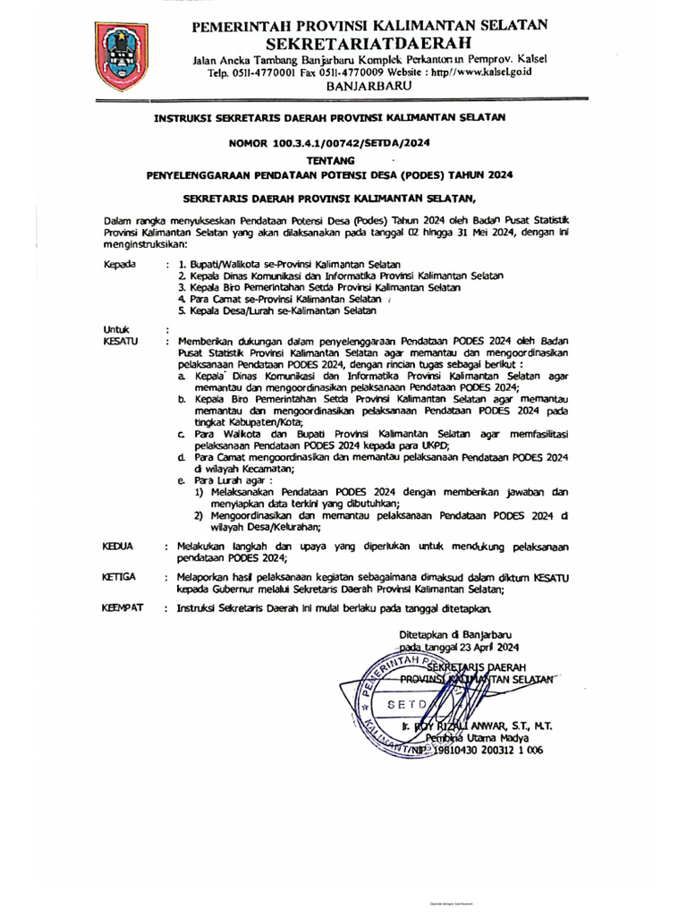 Instruksi Sekda Prov Kalsel TTG Penyelenggaraan Potensi Desa (Podes ...