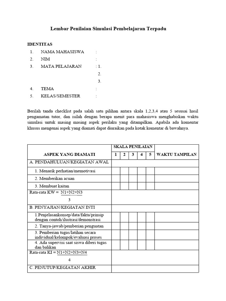 Lembar Penilaian Simulasi Pembelajaran Terpadu Dan APKG 1, 2 | PDF