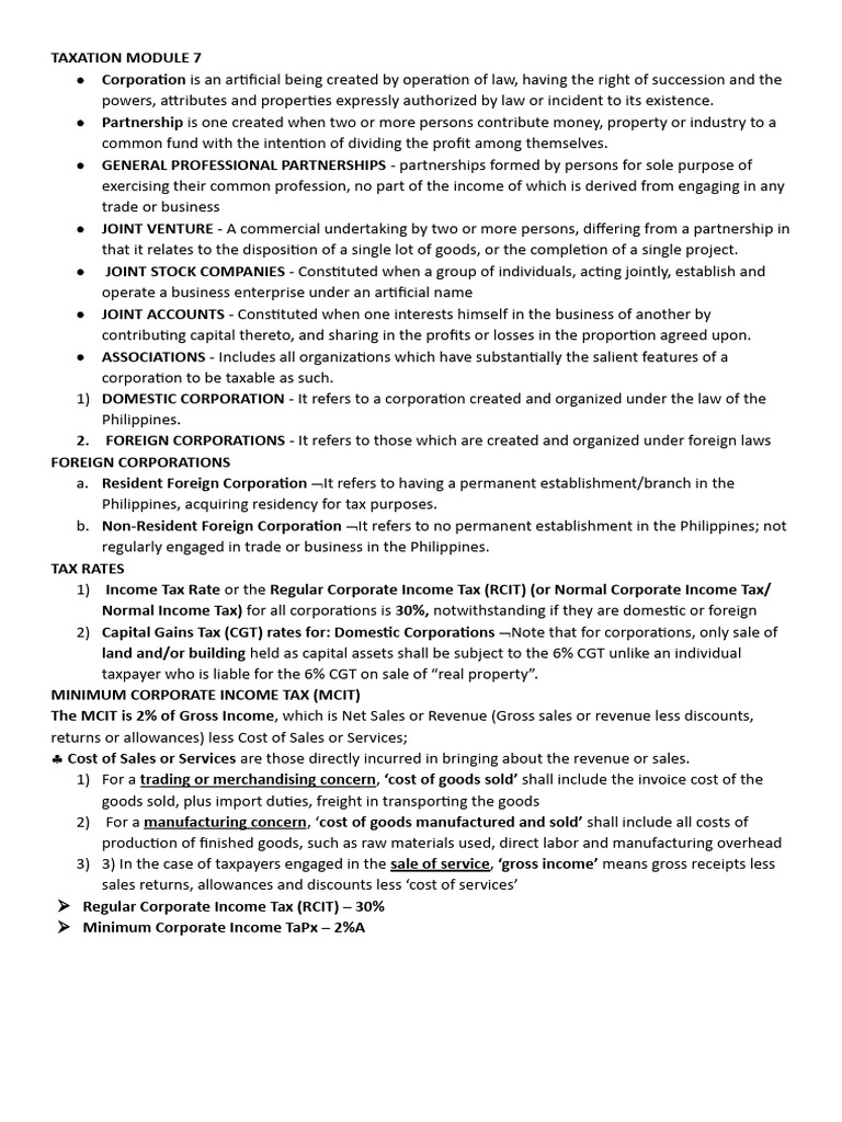 Taxation Module 7 Reviewer | PDF | Taxes | Income Tax