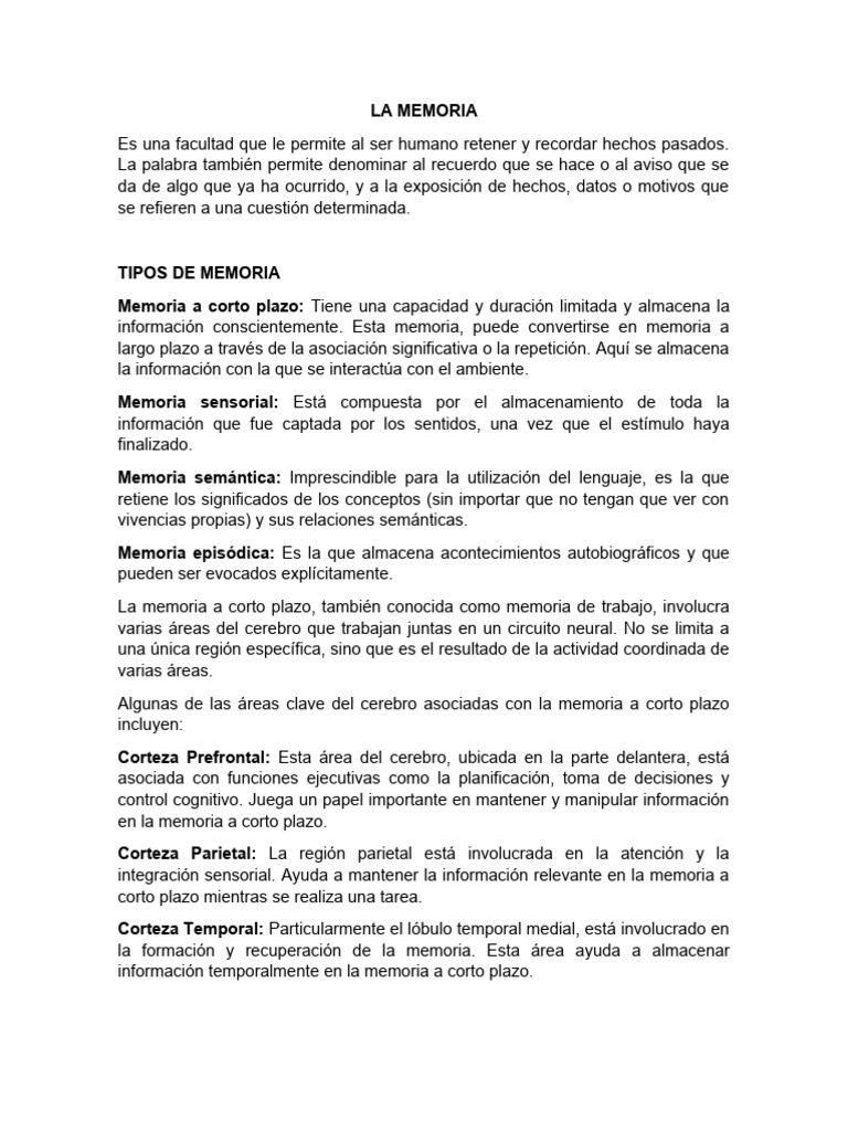 Tipos y Funciones de la Memoria Humana | PDF | Memoria | Lóbulo temporal