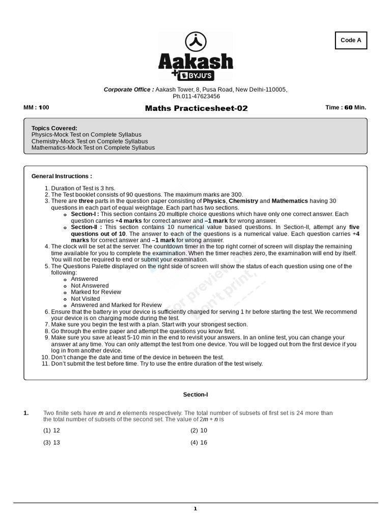 Maths Practicesheet-02 - (Code-A) - Ques. | PDF | Triangle | Trigonometric Functions