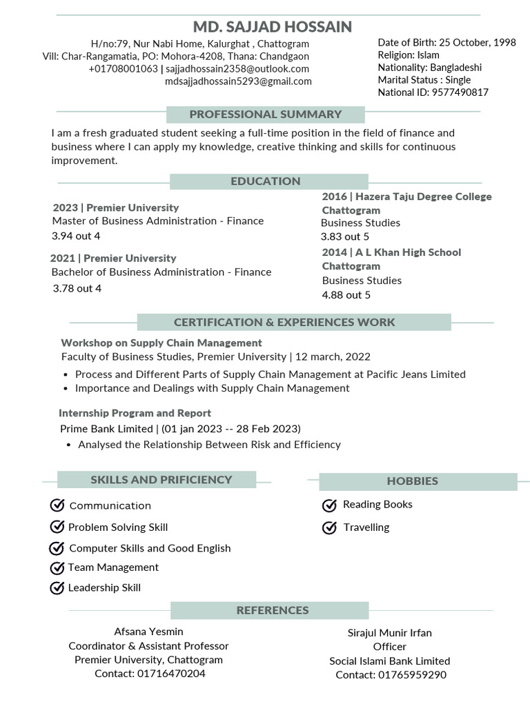Sajjad Hossain Resume | PDF | Business