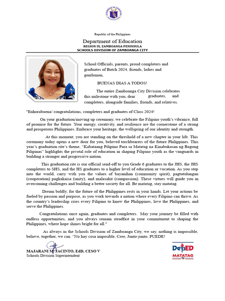 Graduation Message for Class 2024 | PDF | Social Science | Wellness