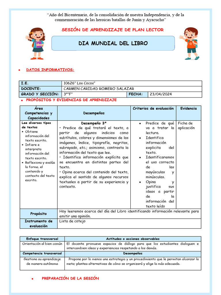 Plan Lector Dia Del Libro | PDF | Comunicación escrita | Escritura