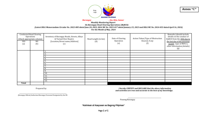 Annex C - Barangay BaRCO Monthly Monitoring Report Template With PBs ...