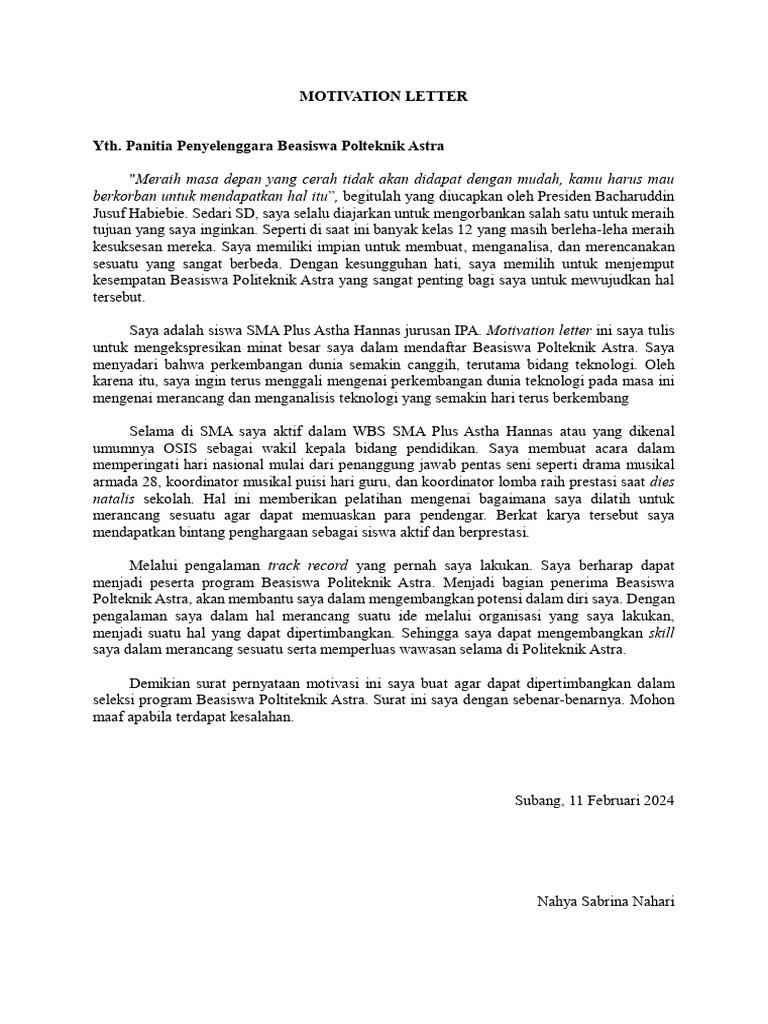 Motivation Letter Beasiswa | PDF