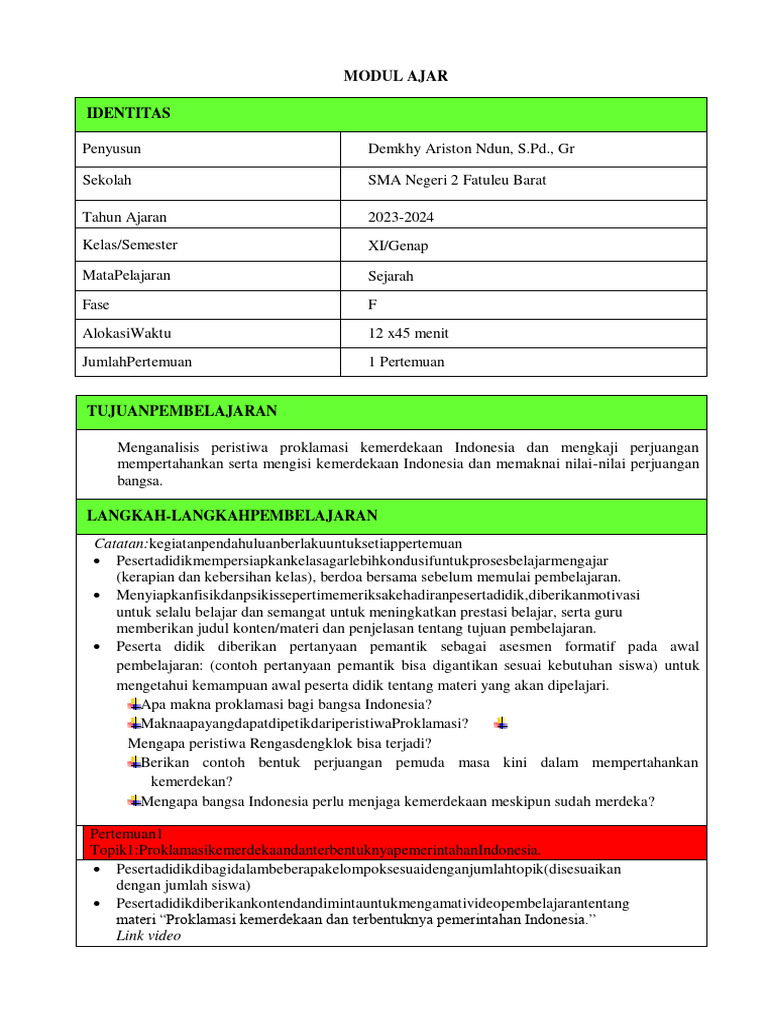 Modul Ajar Sejarah - Kemerdekaan Indonesia - Fase F | PDF