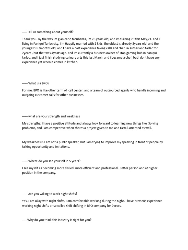 Tell Us Something About Yourself | PDF | Outsourcing | Experience