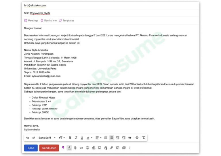 Contoh Surat Lamaran 3 (email) | PDF