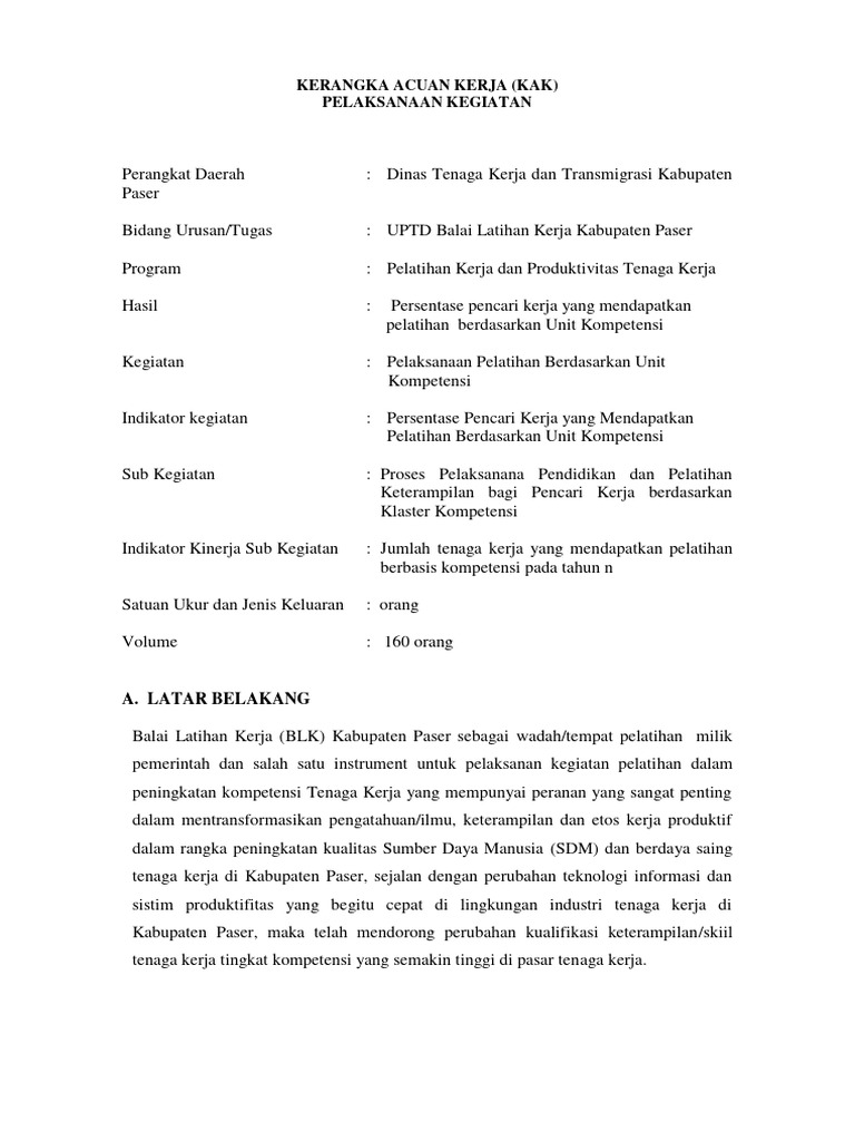 KAK Program Pelatihan BLK 2025 | PDF | Pengelolaan Keuangan & Uang