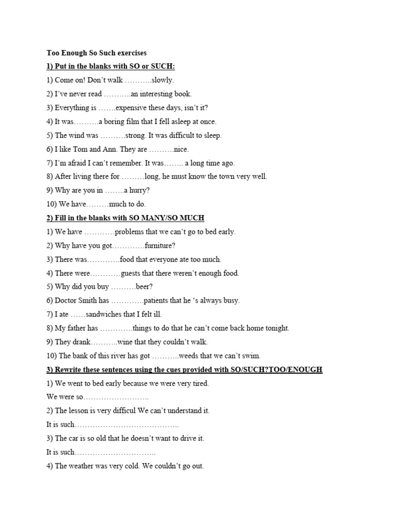 So, Such, Too, Enough Exercises | PDF