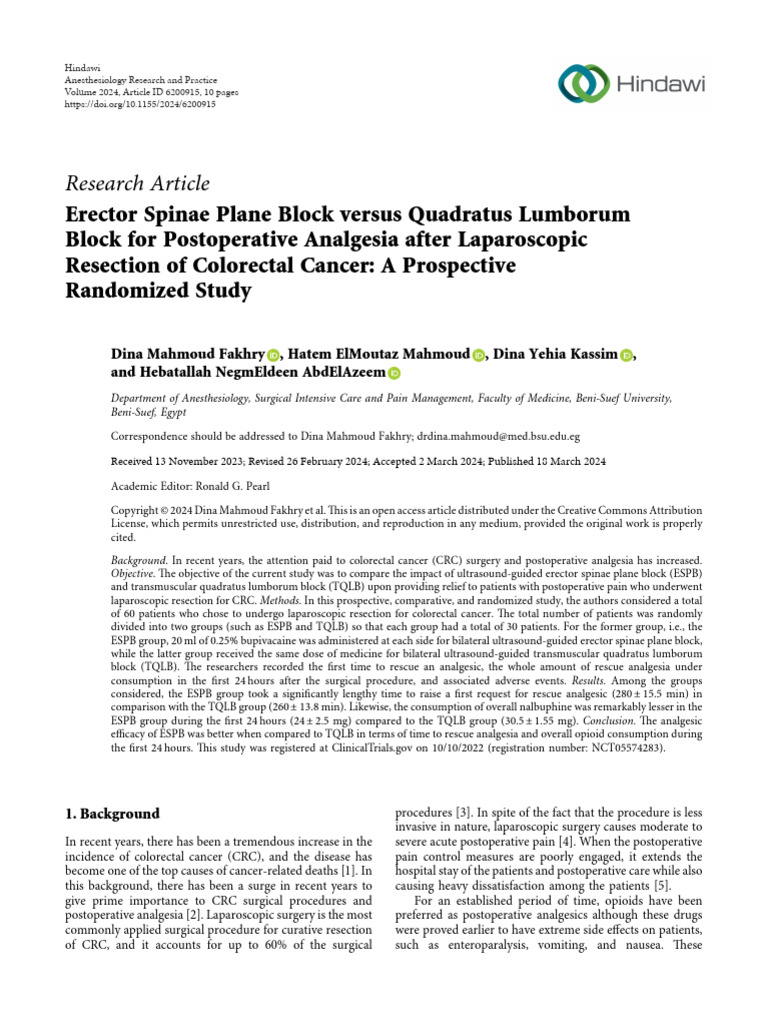 ESP Vs QL Block | PDF | Anesthesia | Surgery