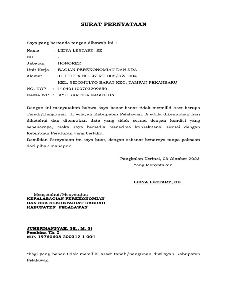 SURAT PERNYATAAN PBB | PDF