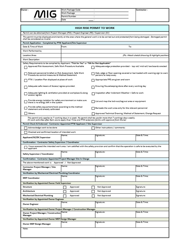 Permohonan Ijin Pelaksanaan Baru - High Risk Work | PDF | Personal ...