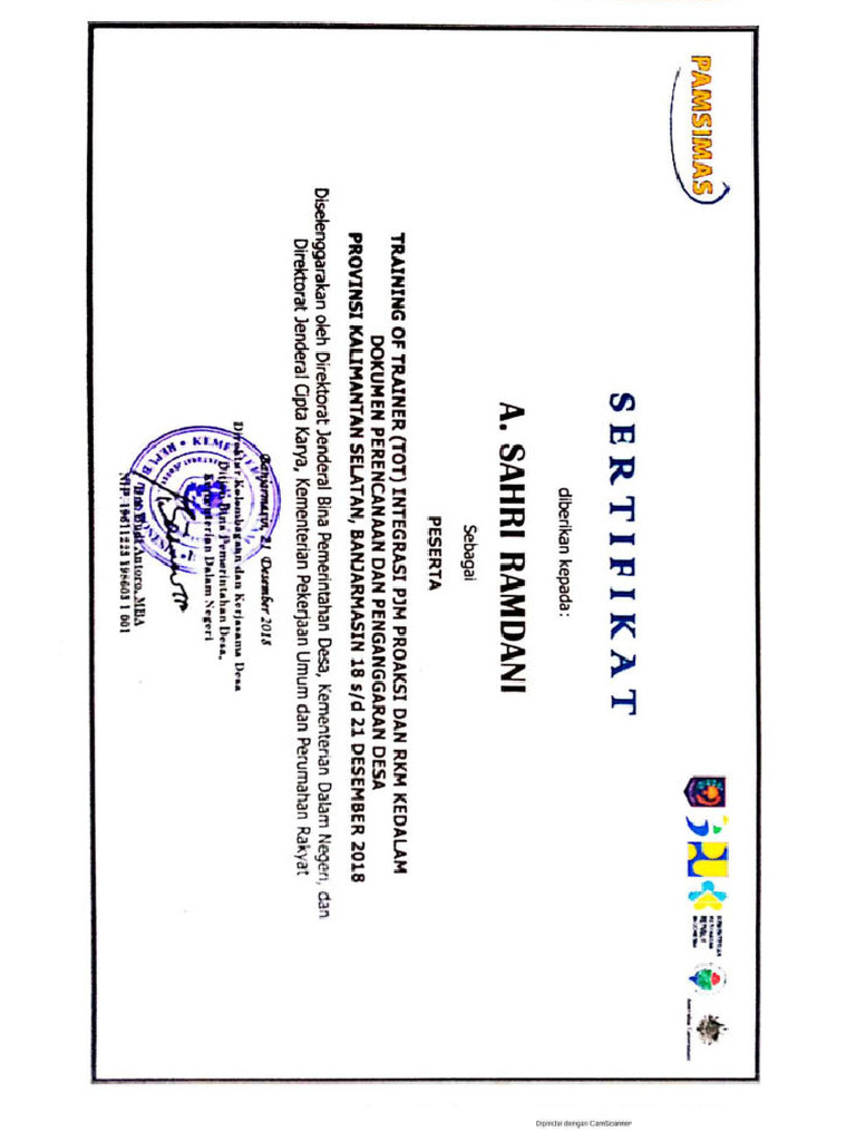 Sertifikat TOT - Perncanaan Desa - BTR | PDF