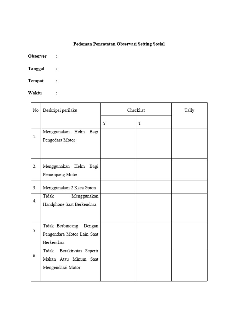 Checklist&tally Pedoman Pencatatn Observasi Setting Sosial | PDF