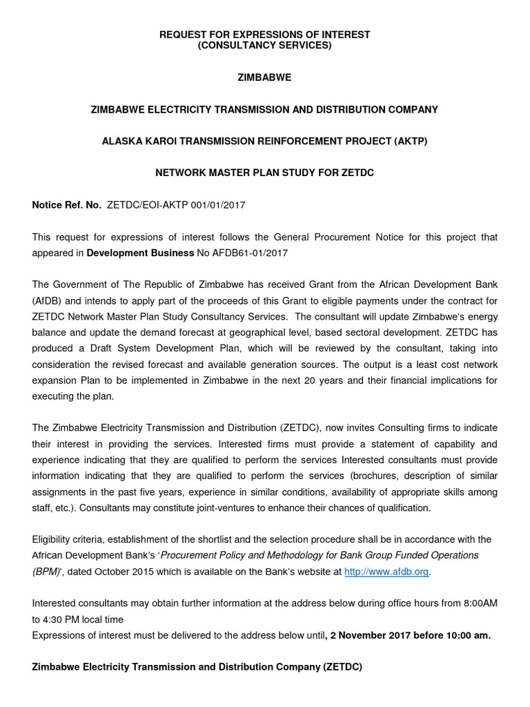 EOI - Zimbabwe - ZETDC Network Master Plan Study Consultancy Services ...