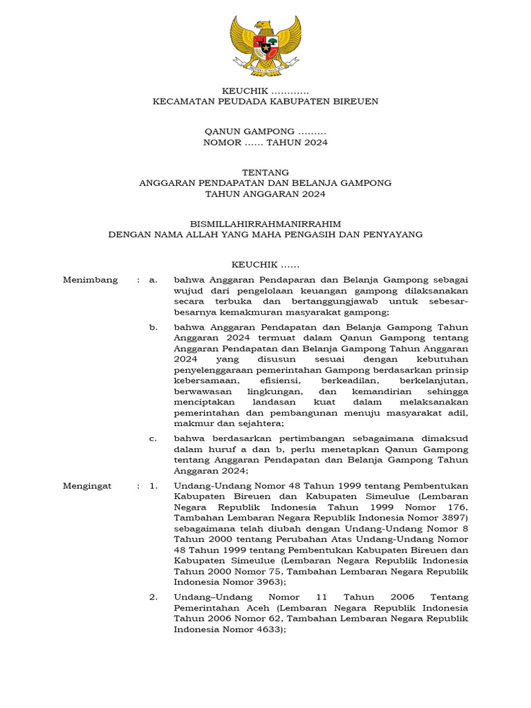 DRAFT QANUN GAMPONG TTG APBG 2024 | PDF