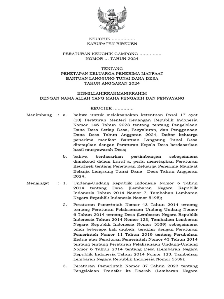 DRAF Peraturan KEUCHIK TTG KPM BLT DD TA 2024 | PDF