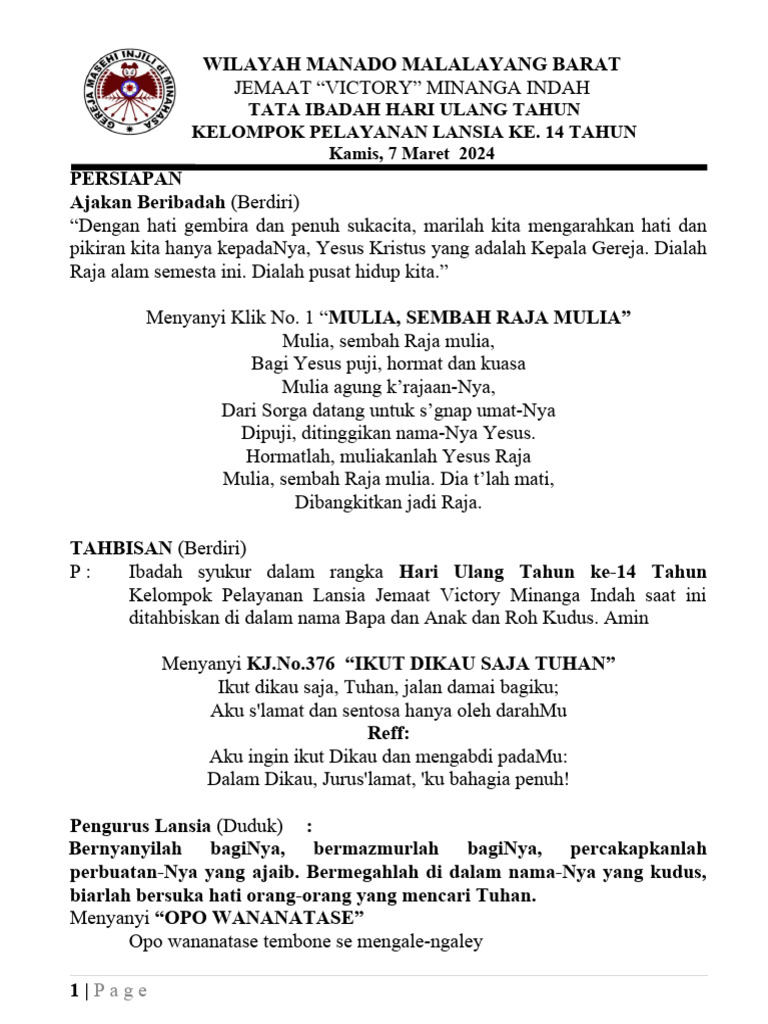 Ibadah Syukur Ulang Tahun Lansia ke-14 | PDF