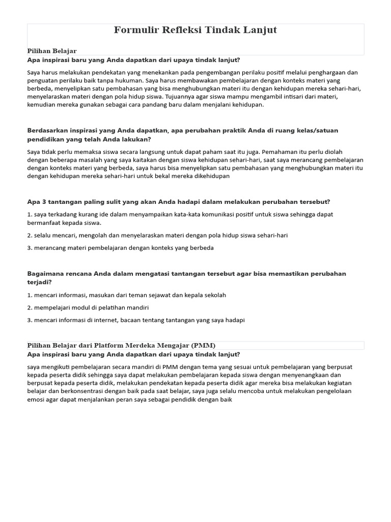Formulir Refleksi Tindak Lanjut | PDF