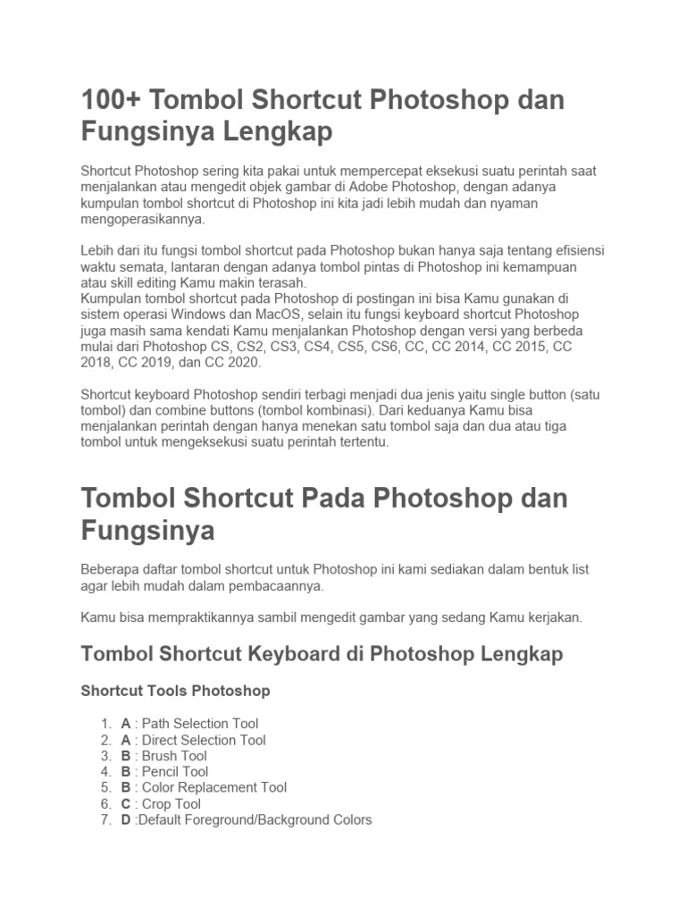 100 Tombol Shortcut Photoshop | PDF | Adobe Photoshop | Vision 100 Tombol Shortcut Photoshop | PDF | Adobe Photoshop | Vision