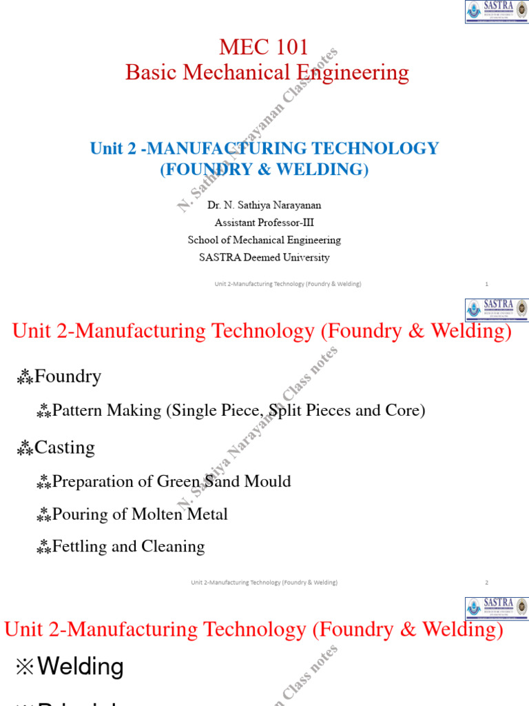 Unit 2 - Foundry and Welding | PDF | Foundry | Welding