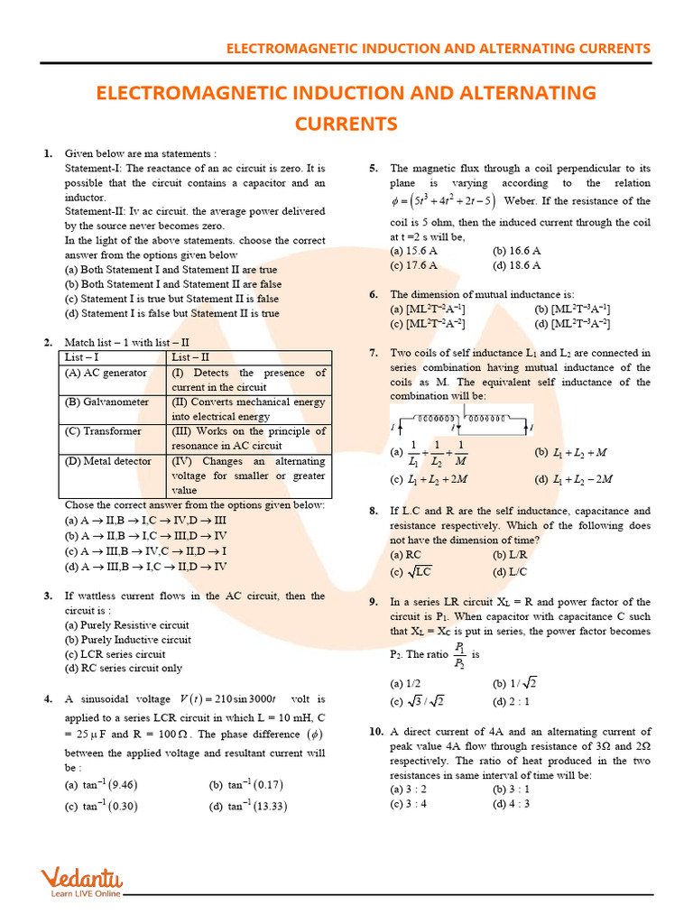 JEE Main Electromagnetic Induction and Alternating Currents Practice Paper With Solutions ...