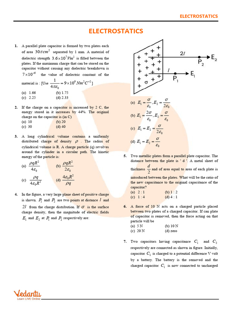 JEE Main Electrostatics Practice Paper With Solutions Download PDF | PDF | Capacitance | Capacitor