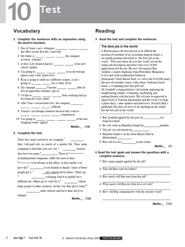 Aim High 1 Unit 10 Test | PDF