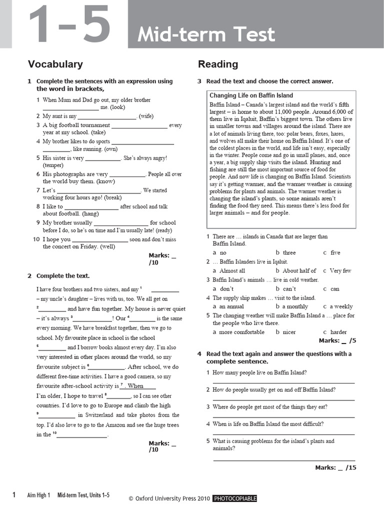 Aim High 1 Mid-Term Test | PDF