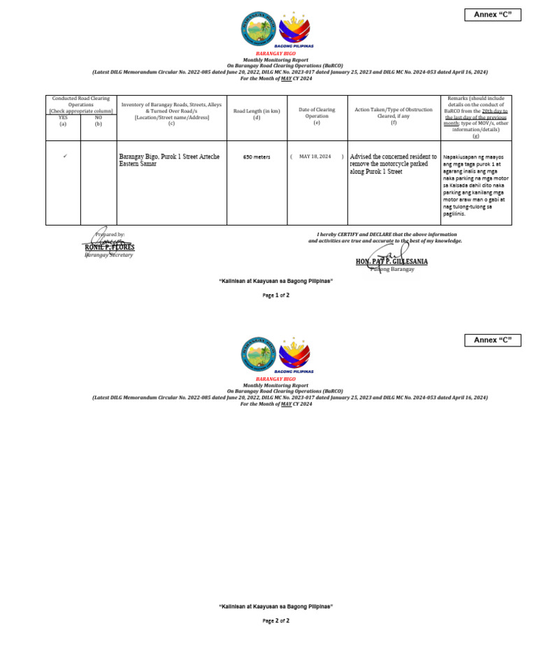 Annex C - Barangay BaRCO Monthly Monitoring Report Template With PBs ...