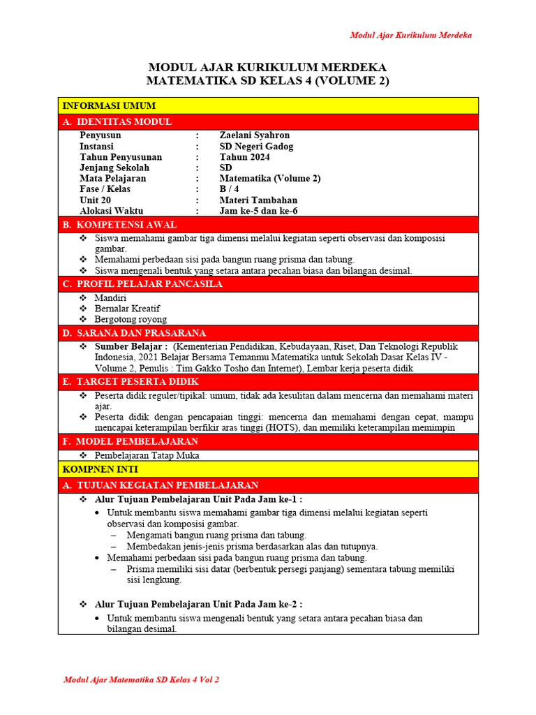 Modul Ajar MTK Unit 20 Kelas 4 SDN Gadog | PDF