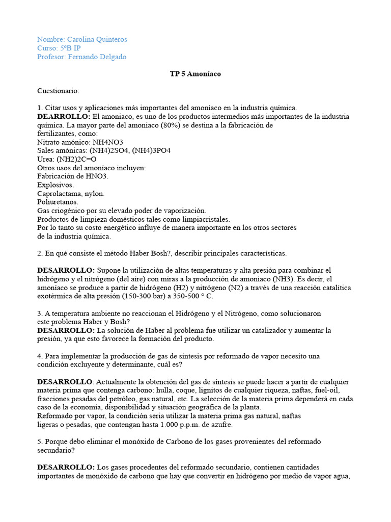 TPN 5 AMONIACO Caro Quint | PDF | Amoníaco | Gas natural